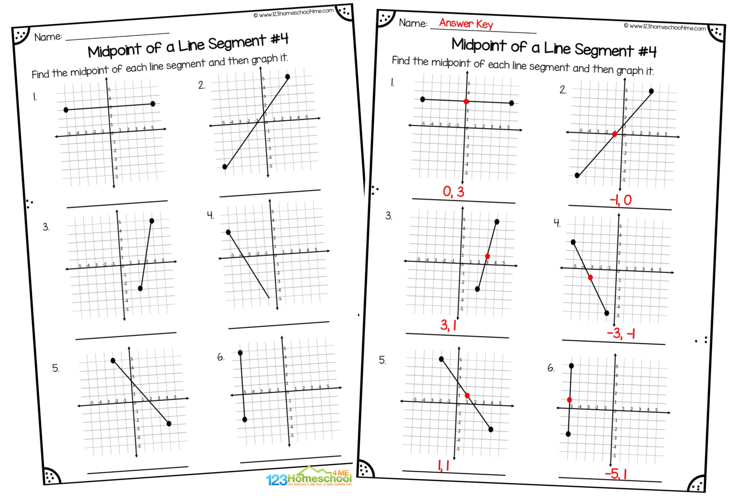 Finding the Midpoint of a Line Segment Worksheets