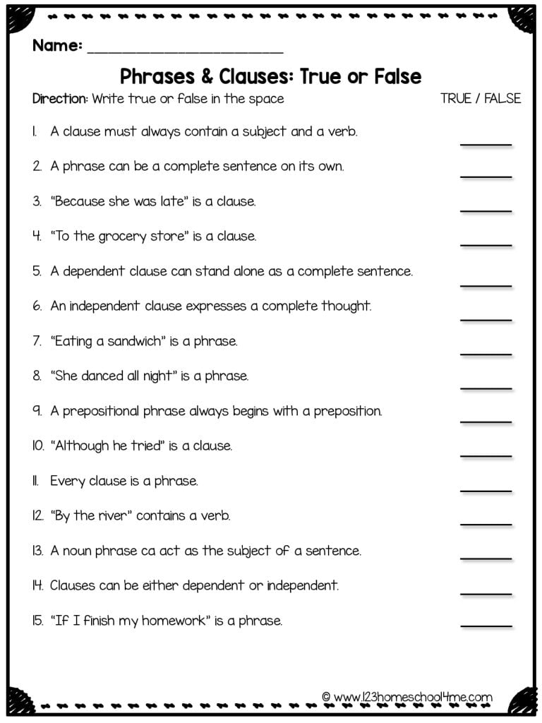 Phrases and Clauses Exercises - Free Worksheets for 7th-12th Grade