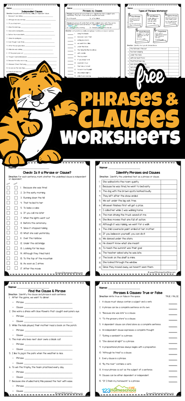 Phrases and Clauses Exercises - Free Worksheets for 7th-12th Grade