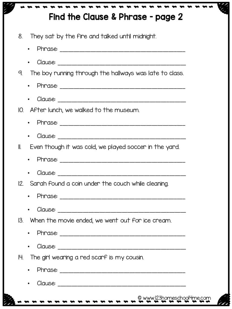 Phrases and Clauses Exercises - Free Worksheets for 7th-12th Grade