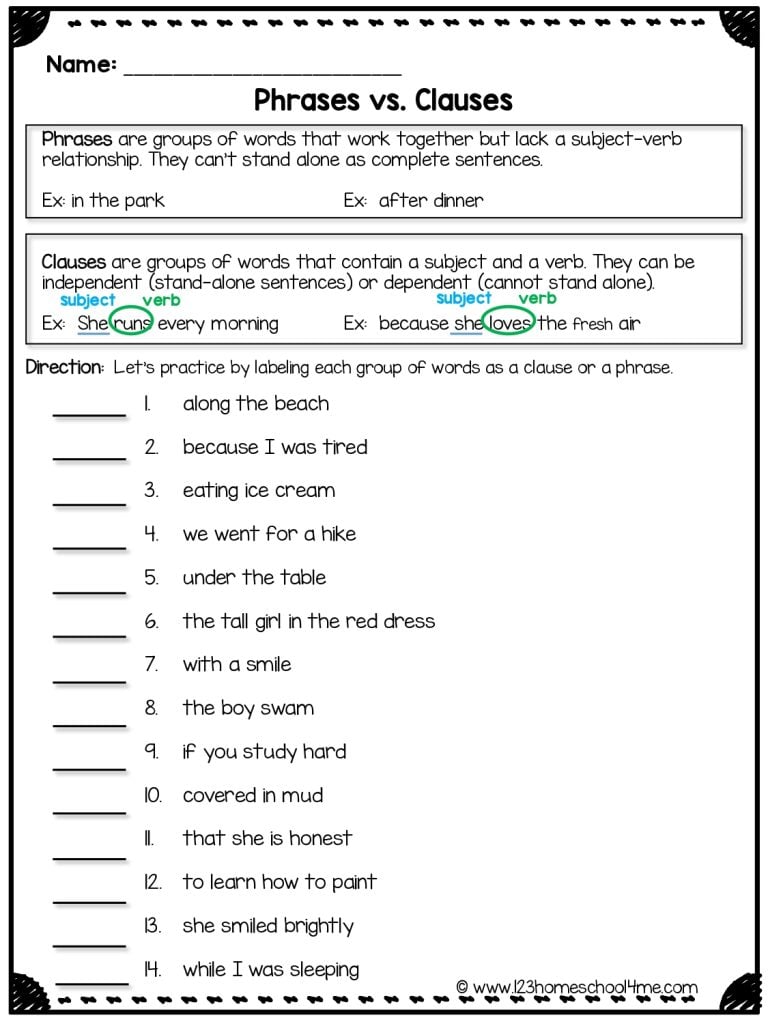Phrases and Clauses Exercises - Free Worksheets for 7th-12th Grade