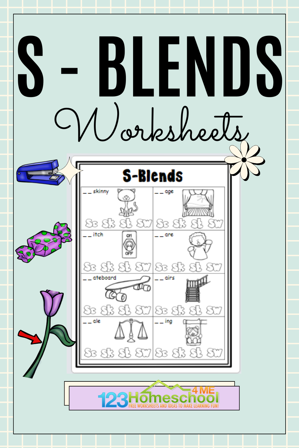 S Blends Worksheets - sc, sk, st or sw