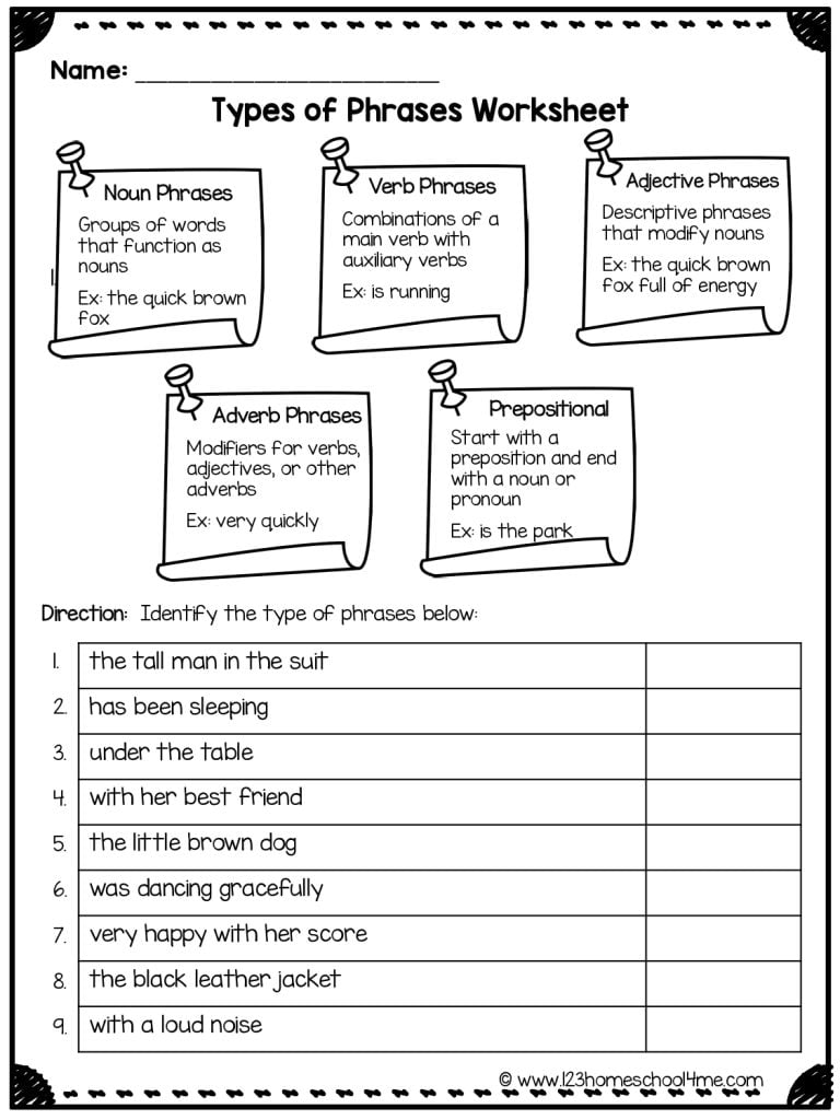 Phrases and Clauses Exercises - Free Worksheets for 7th-12th Grade