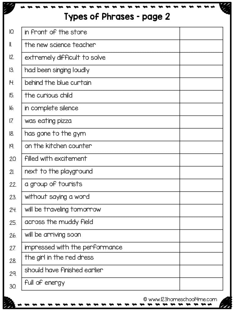 Phrases and Clauses Exercises - Free Worksheets for 7th-12th Grade