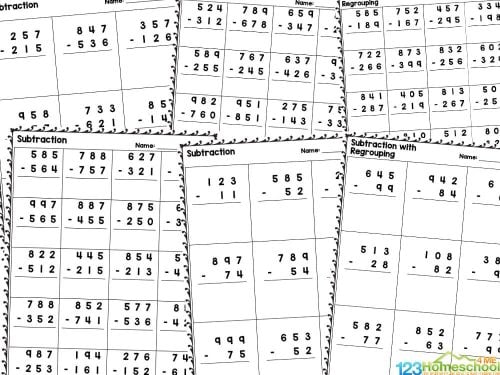 Three Digit Subtraction Worksheets