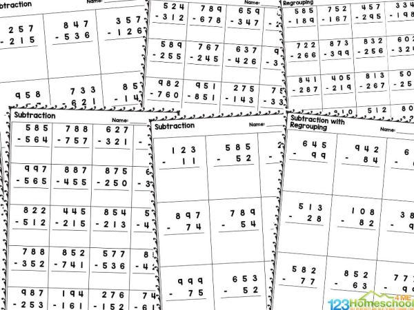 Three Digit Subtraction Worksheets